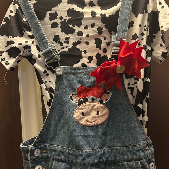 Matching Sets | Cow Print Shirt And Denim Overalls With Red Bow | Poshmark